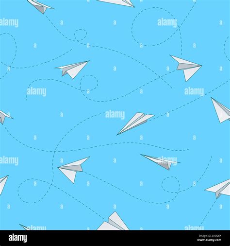 Paper Plane Seamless Pattern White Airplanes With Trajectory Dotted Lines Flying Origami