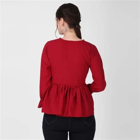 Red Fabric Polyester Istyle Can Plain V Neck Full Sleeve Womens Top