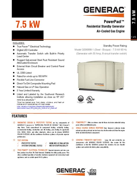 Generac 6998 75 Kw Pdf Battery Charger Internal Combustion Engine