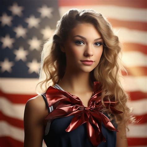 Premium Photo Beautiful Young Cheerleader With Usa Flag