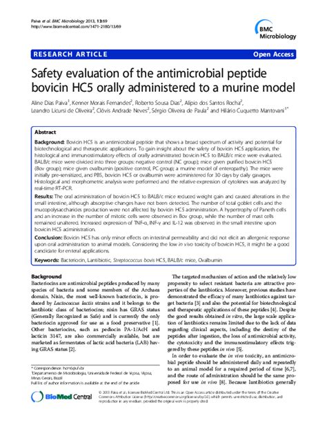 Pdf Safety Evaluation Of The Antimicrobial Peptide Bovicin Hc5 Orally