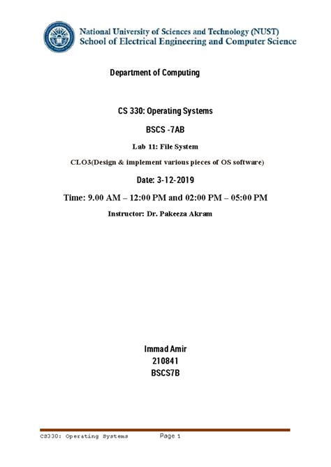 Os Lab 11 Immad Department Of Computing Cs 330 Operating Systems Bscs 7ab Lab 11 File