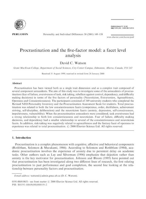 Pdf Procrastination And The Five Factor Model A Facet Level Analysis Dokumentips