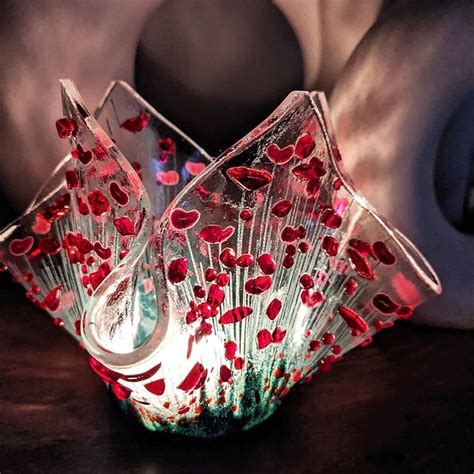 Handmade Fused Glass Small Tealight Holder Poppy Design Aspire Art
