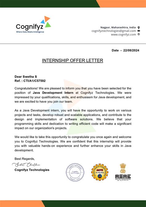 Swetha S On Linkedin Java Internship Careergrowth Cognifyztechnologies