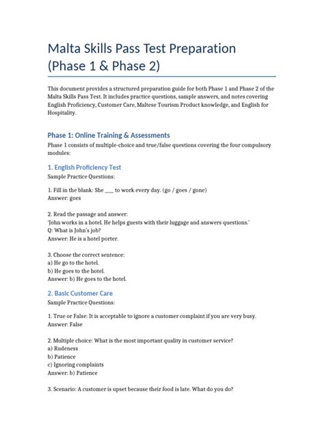 Malta Skills Pass Test Prep Guide Pdf Multiple Choice Malta