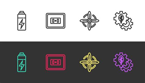 라인 배터리 전기 콘센트 풍력 터빈 및 리프 플랜트 기어 기계를 흑백으로 설정합니다 벡터 검은색에 대한 스톡 벡터 아트 및 기타