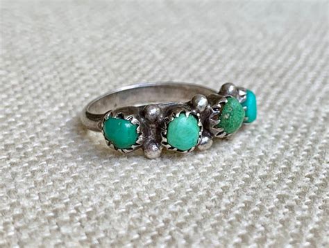 Rustic Turquoise Zuni Ring Band Vintage Native American Zuni Petit Point Sterling Silver