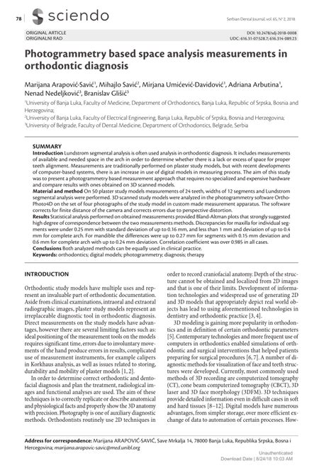 pdf photogrammetry based space analysis measurements in orthodontic
