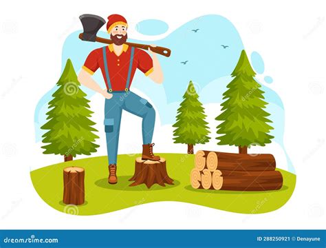 Men Chopping Wood And Cutting Tree With Lumberjack Work Equipment