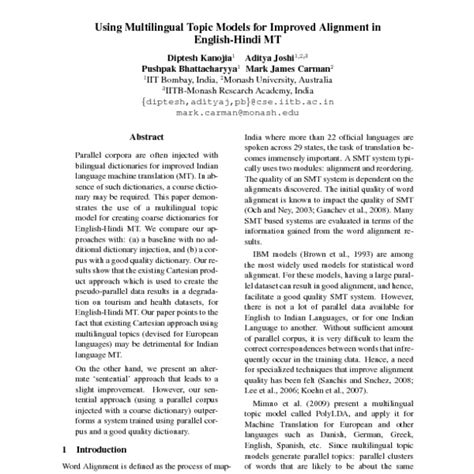 Using Multilingual Topic Models For Improved Alignment In English Hindi
