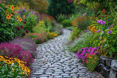 Premium Photo A Vibrant Cobble Stone Path Lined With A Variety Of