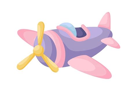 흰색 배경에 귀여운 보라색 분홍색 비행기 어린이 카드 베이비 샤워 생일 초대장 집 인테리어를위한 만화 수송 만화 스타일의 밝은 색상의 유치한 벡터 일러스트레이션 비행기에