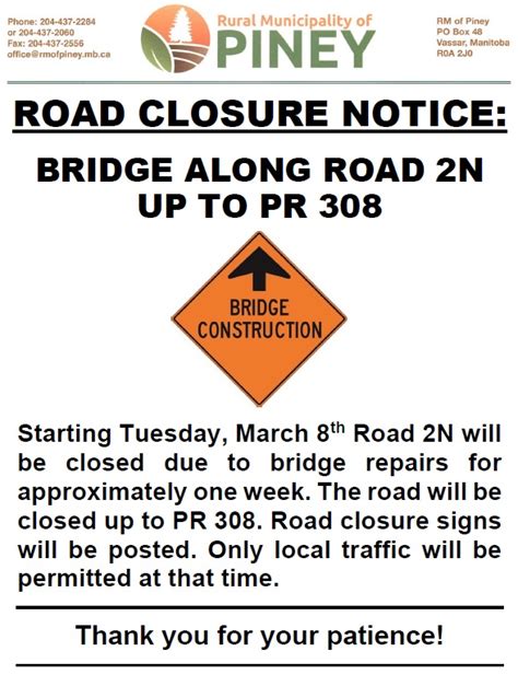 Road Closure Notice Rural Municipality Of Piney