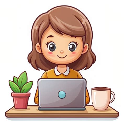 Premium Photo Cute Girl Working On Computer Cartoon Vector Icon