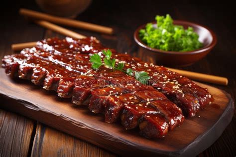Savory Close Up Of Roasted Bbq Pork Ribs With Succulent Meat Slices An