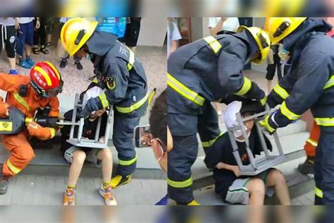 女孩将头塞进凳子里出不来，消防员急忙进行破拆，路人的做法太扎心有颜有趣凳子路人做法