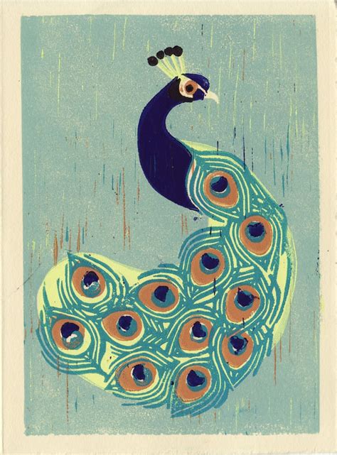 Anna See — Indian Peacock Hand Pulled Linocut Illustration Art Print