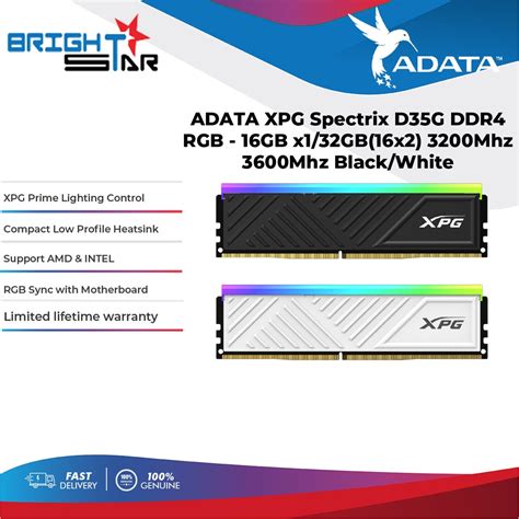 ADATA XPG Spectrix D35G DDR4 RGB 16GB 16X1 32GB 16X2 3200Mhz 3600Mhz Black White