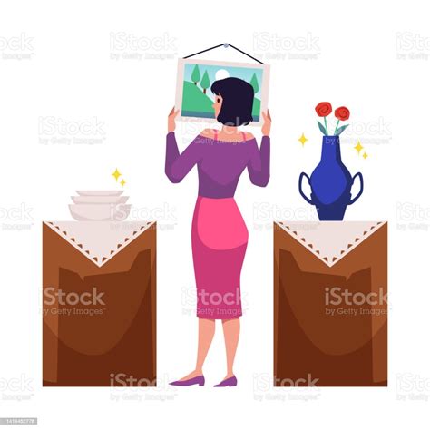 완벽주의 여성은 잘 매달려 있지 않은 액자를 흰색 배경에 고립 된 평평한 벡터 일러스트레이션으로 고정합니다 강박장애에 대한 스톡 벡터 아트 및 기타 이미지 Istock