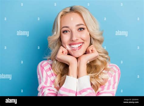 Photo Of Sweet Millennial Blond Hairdo Lady Hands Face Wear Pink Shirt