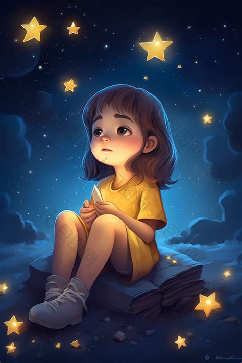 星空女孩星星小女孩皮克斯插画图片 包图网