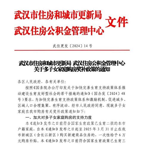 一次性最高给予12万元补贴，武汉市发布多子女家庭购房奖补政策生育新城区通知