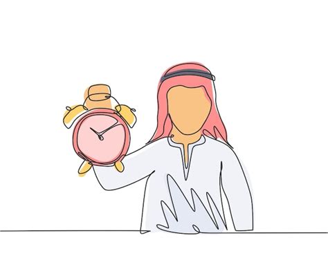 Premium Vector Single Continuous Line Drawing Arab Businessman Holding Analog Alarm Clock With