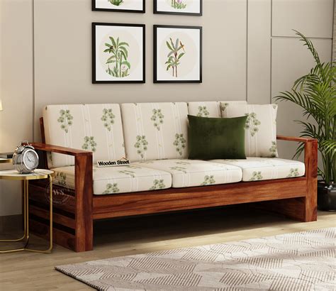 Buy Winster 3 Seater Printed Fabric Wooden Sofa Honey Palm Leaf
