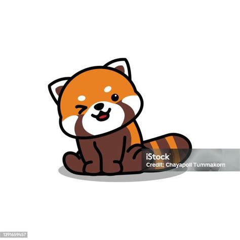 귀여운 빨간 팬더 앉아서 윙킹 눈 만화 아이콘 벡터 일러스트 레이 션 너구리판다에 대한 스톡 벡터 아트 및 기타 이미지