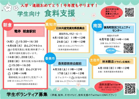 ほっとまんぷくプロジェクト高知県学生食料支援 on Twitter 4月の食料支援 5か所11回行います 高知大 電停朝倉