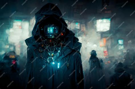Premium Photo Dark Cybermage Cyberpunk Sorcerer In A Cloak With A