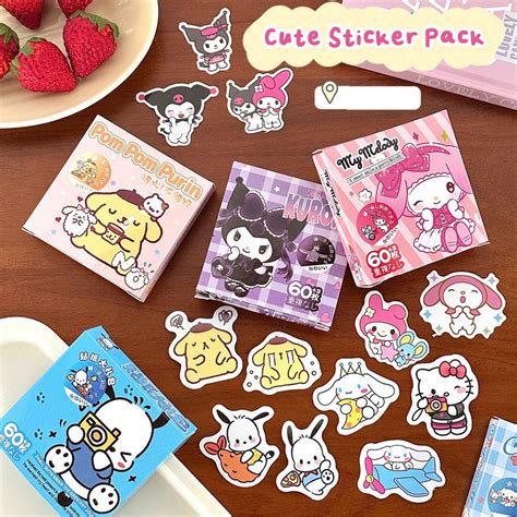 60pcs Cute Sticker Sanrio Pomponpurin Cinamoroll Kuromi Hello Kitty