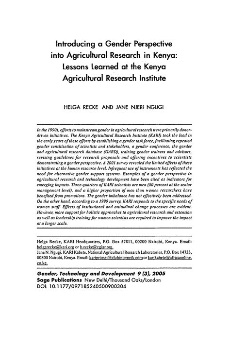 Pdf Introducing A Gender Perspective Into Agricultural Research In