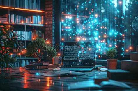 Digital Workspace With Glowing Lights And Code On Laptop Stock