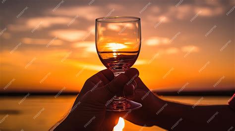 Premium Ai Image Hand Holding Glasses At Sunset Silhouette