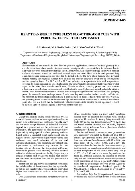 Pdf Heat Transfer In Turbulent Flow Through Tube With Perforated Twisted Tape Insert