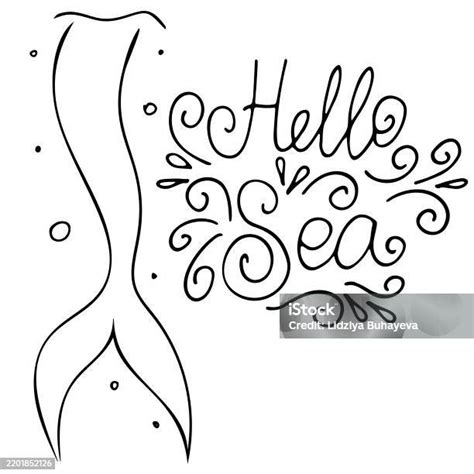 손으로 그린 글씨 안녕 바다와 인어의 꼬리 흰색에 고립되어 있습니다 벡터 일러스트 레이 션 인쇄 포스터 인사말 카드 초대장에