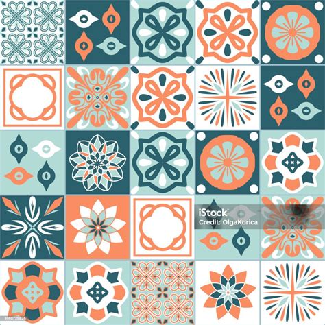 정사각형 세라믹 타일 블루 오렌지 색상 지중해 스타일의 인테리어 디자인 벡터 그림 스페인 문화에 대한 스톡 벡터 아트 및 기타