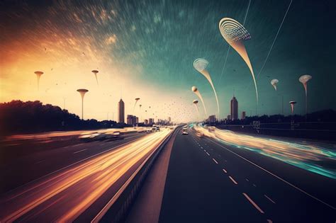 Premium AI Image Flying Digital Signals Above A Freeway Electronic