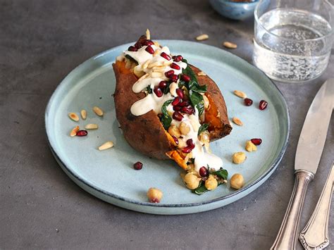 Sweet Potato With Chickpea Spinach And Tahini Sauce Bttr