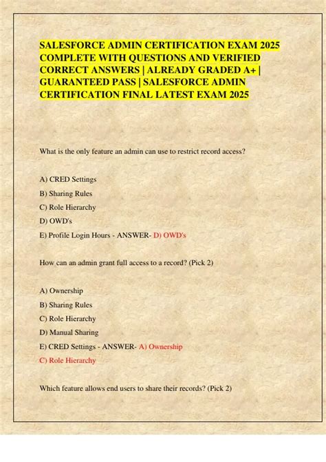 Salesforce Admin Certification Actual Exam 2025 With 250 Questions And Correct Answers Already