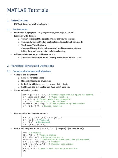 Matlab Tutorials Pdf Matlab Matrix Mathematics