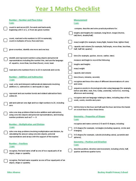Year 1 Maths Checklist Pdf Pdf Shape Numbers