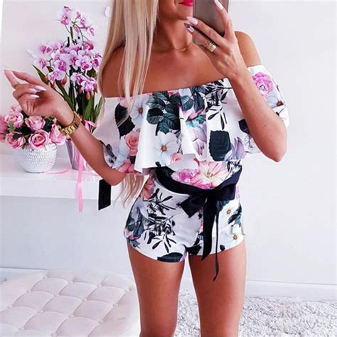Floral Print Women Short Rompers Ruffle Off Shoulder Slash Neck