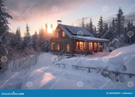 Off Grid Cabin With Solar Panels In The Snow Stock Illustration