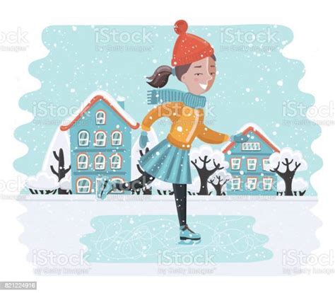 겨울 풍경에 귀여운 소녀 스케이트 겨울에 대한 스톡 벡터 아트 및 기타 이미지 겨울 크리스마스 가죽 Istock