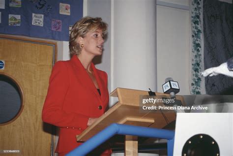 British Royal Diana Princess Of Wales Wearing A Red Two Piece Suit