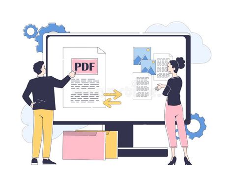 Converting Files To Pdf Man And Woman At The Computer Monitor With
