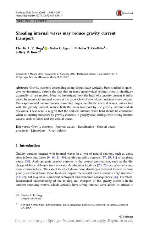 Shoaling Internal Waves May Reduce Gravity Current Transport Request Pdf